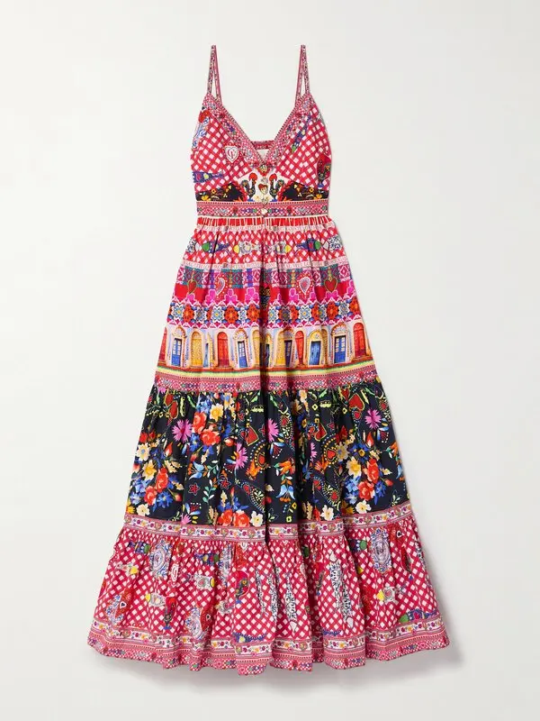 Camilla Tiered Crystal-embellished Printed Organic Cotton-poplin Maxi Dress - Red