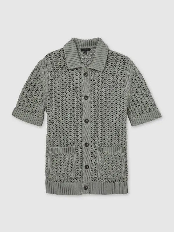 REISS Amir Crochet Button-through Shirt - Sage Green