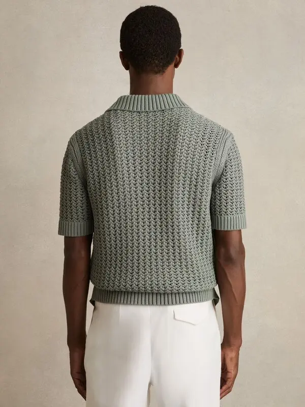 REISS Amir Crochet Button-through Shirt - Sage Green