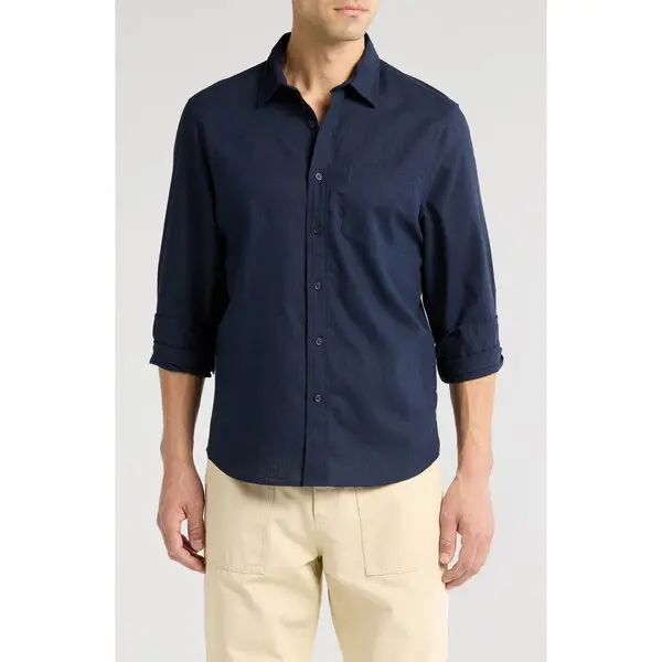 14TH & UNION Solid Linen & Cotton Button-up Shirt - Navy Blazer