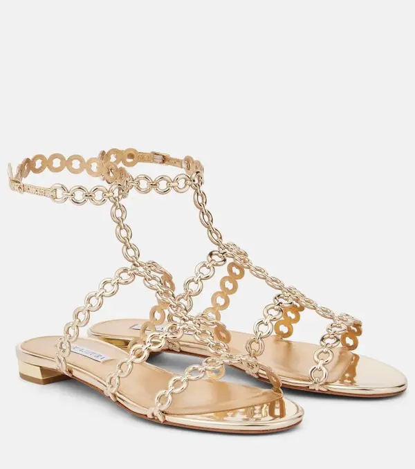 AQUAZZURA Infinity Chain Faux Leather Sandals - Gold