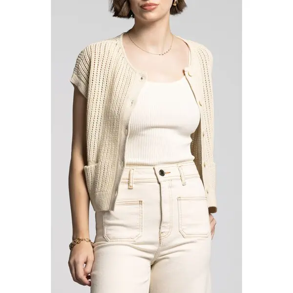 WEEKEND LOS ANGELES Violette Linen And Cotton Short Sleeve Cardigan - Bone