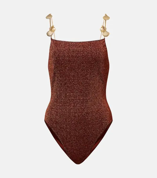 Oseree Lumière Shell Embellished Metallic Swimsuit - Brown