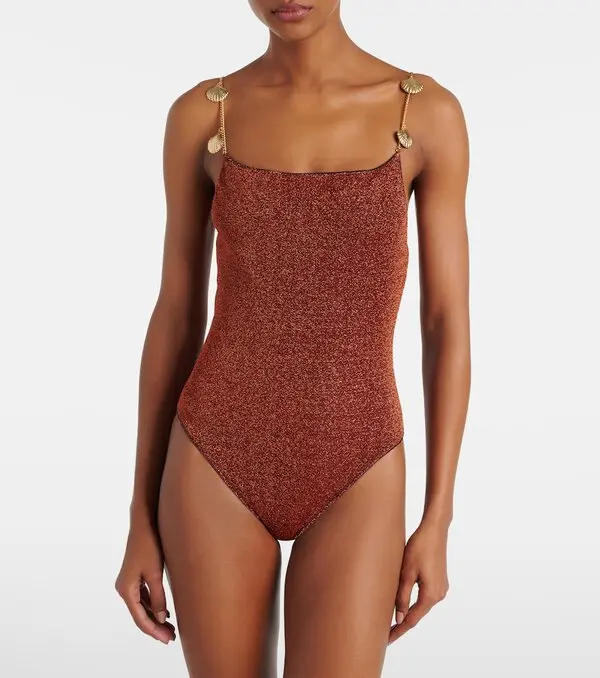 Oseree Lumière Shell Embellished Swimsuit - Brown