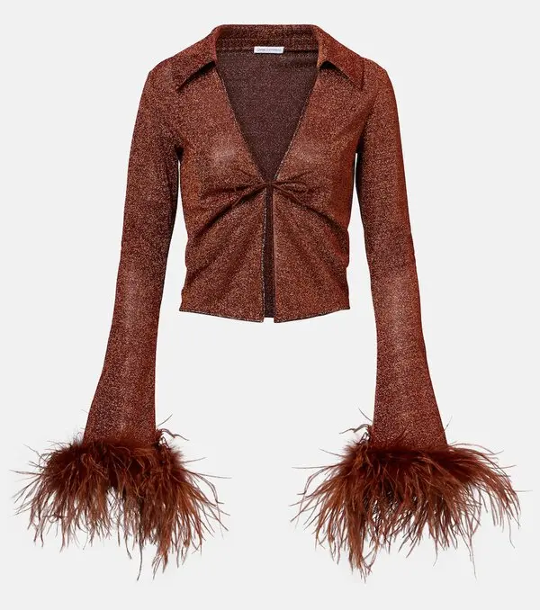 Oseree Lumière Plumage Feather-trimmed Blouse - Brown