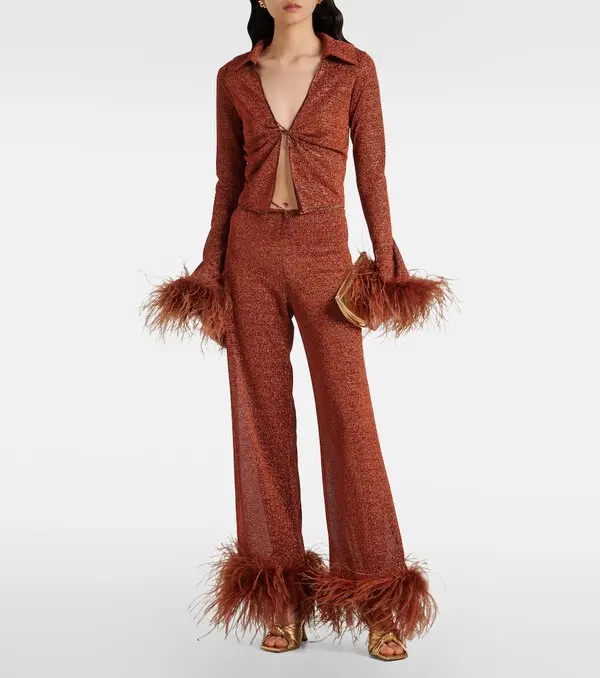 Oseree Lumière Plumage Feather-trimmed Blouse - Brown