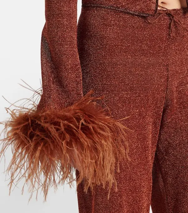 Oseree Lumière Plumage Feather-trimmed Blouse - Brown