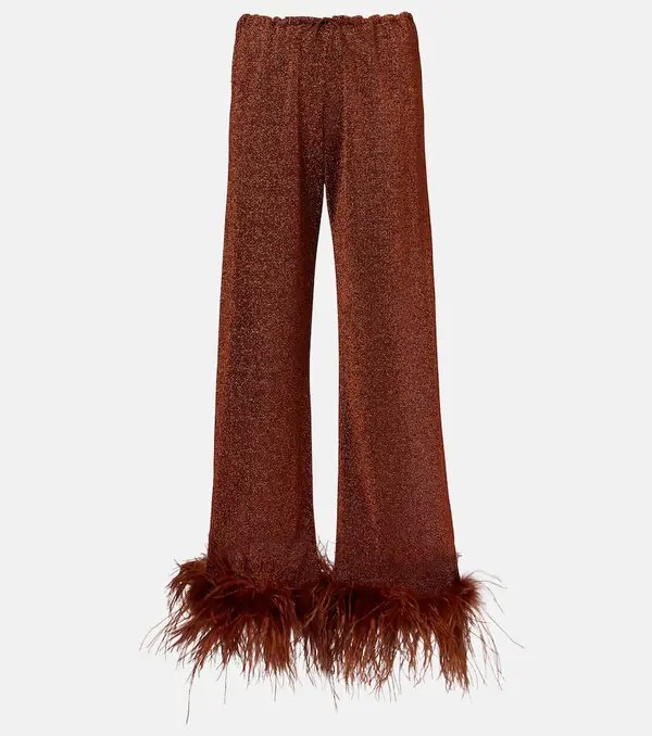 Oseree Lumière Plumage Feather-trimmed Straight Leg Pants - Brown