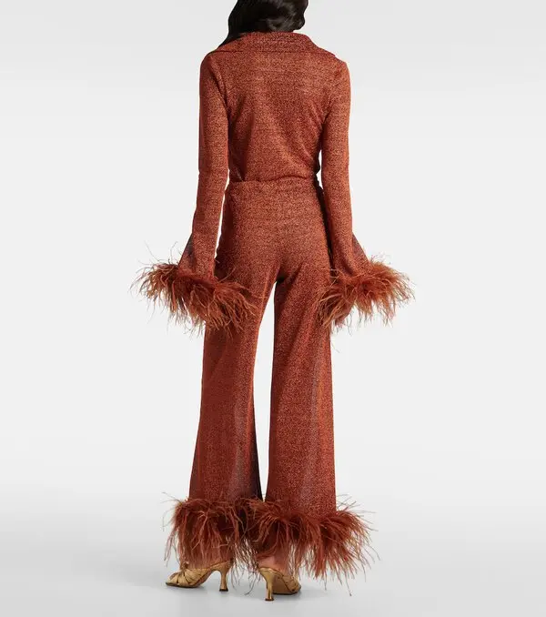 Oseree Lumière Plumage Feather-trimmed Straight Leg Pants - Brown
