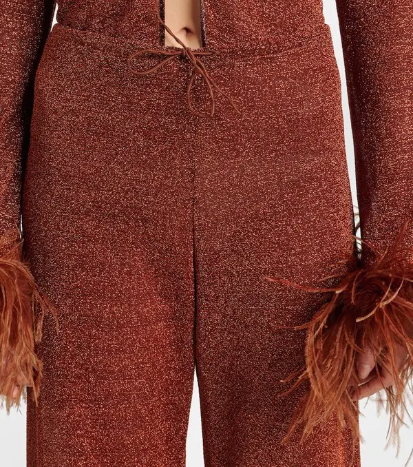 Oseree Lumière Plumage Feather-trimmed Straight Leg Pants - Brown