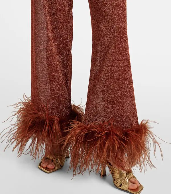 Oseree Lumière Plumage Feather-trimmed Straight Leg Pants - Brown
