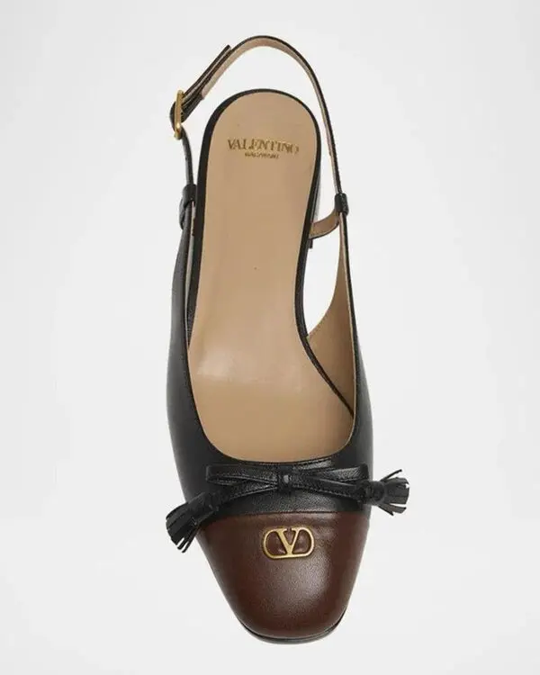Valentino Garavani Leather Slingback Ballerina Pumps - Nero/coffee