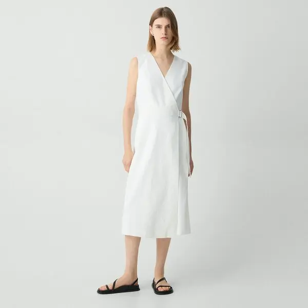 Theory Sleeveless A-Line Wrap Midi Dress White 60% Off