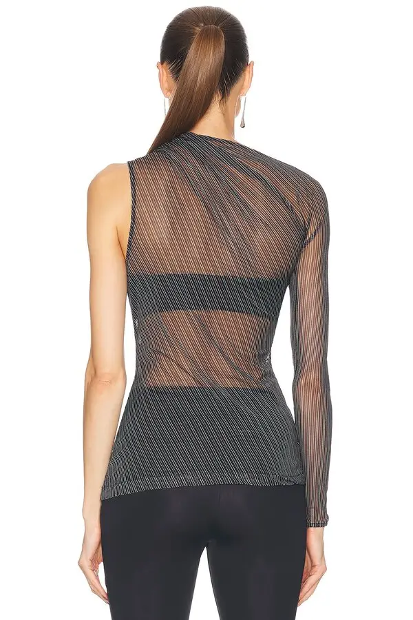 COURREGES One Shoulder Striped Mesh Top - Black & Ruby