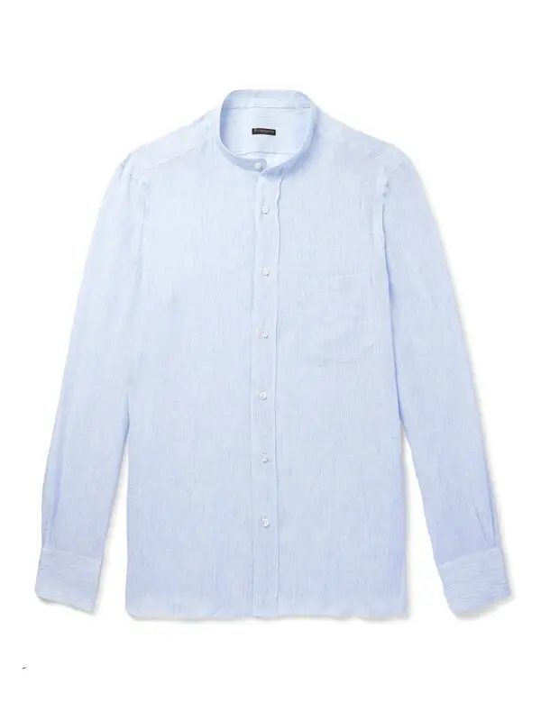Rubinacci Grandad-collar Striped Linen Shirt - Blue