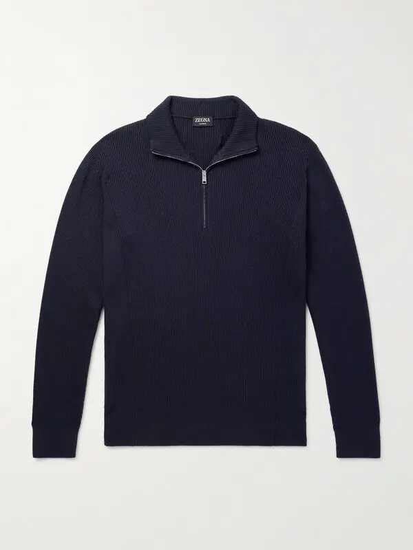 Zegna Ribbed Cashseta Zip-up Sweater - Blue