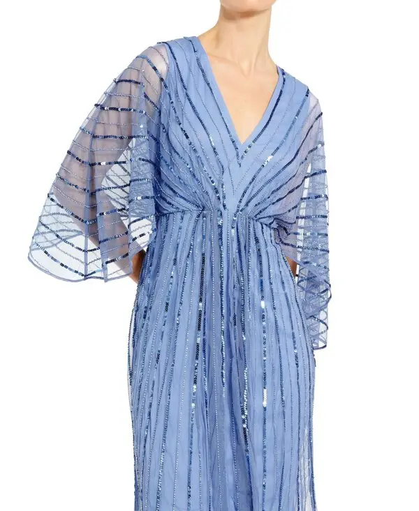 Mac Duggal Beaded Striping Kimono Sleeve V-neck Gown