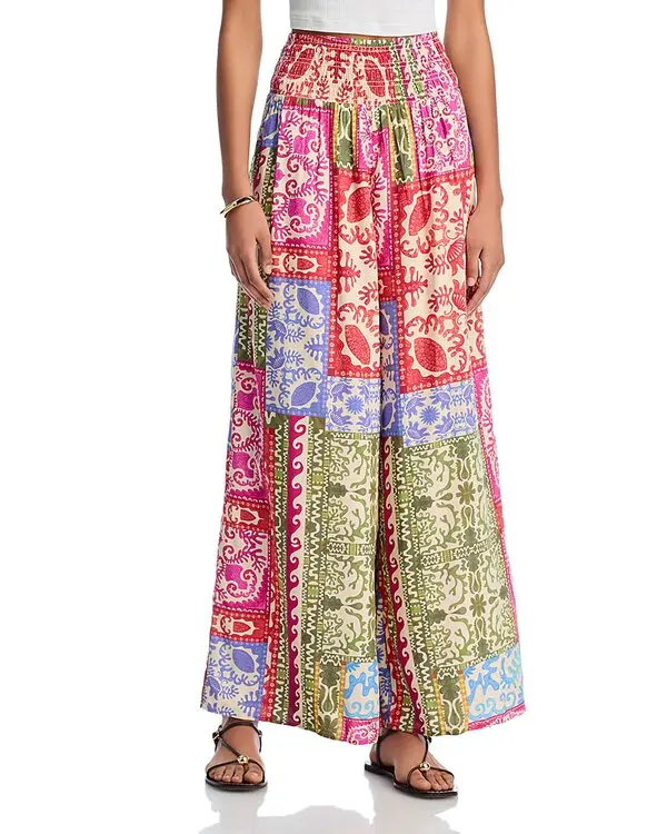 Aqua Mixed Print Smocked Waist Wide Leg Pants