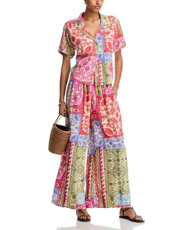 Aqua Mixed Print Smocked Waist Wide Leg Pants