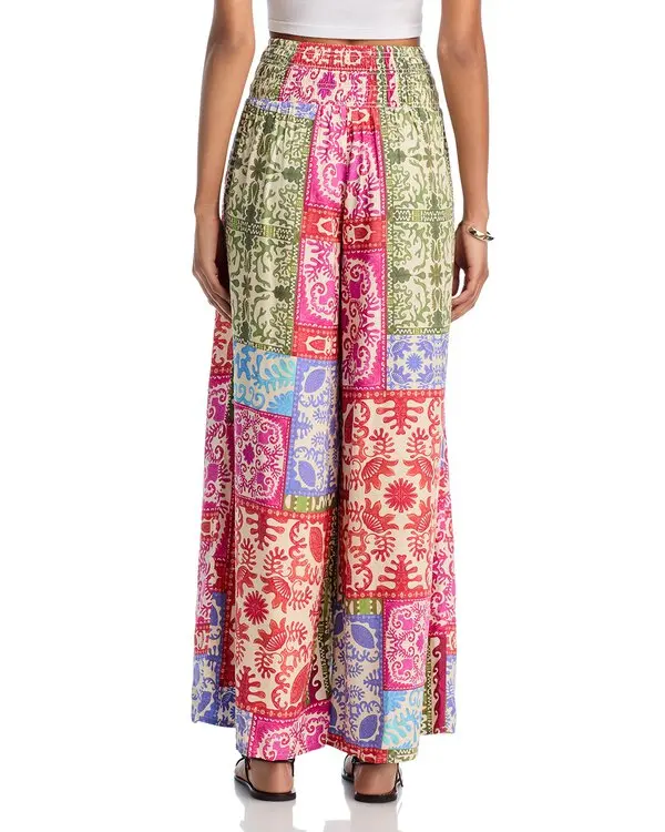 Aqua Mixed Print Smocked Waist Wide Leg Pants