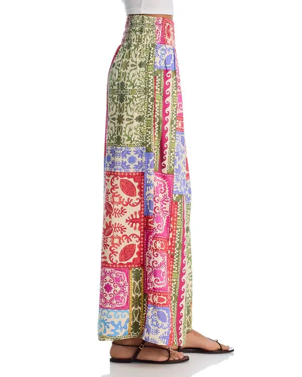 Aqua Mixed Print Smocked Waist Wide Leg Pants