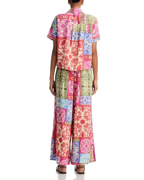 Aqua Mixed Print Smocked Waist Wide Leg Pants