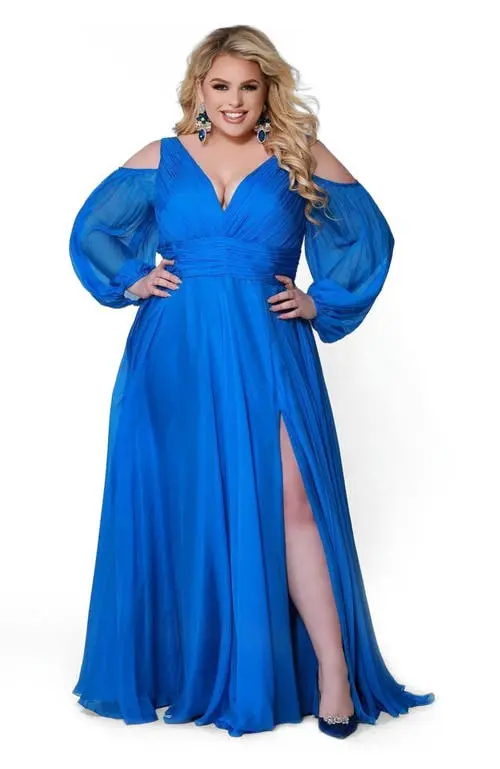 SYDNEY'S CLOSET Cold Shoulder Chiffon Gown - Bluejay