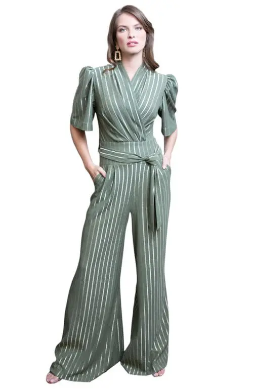 HOTSQUASH LONDON CLOTHING Striped Wide Leg Jumpsuit - Khaki