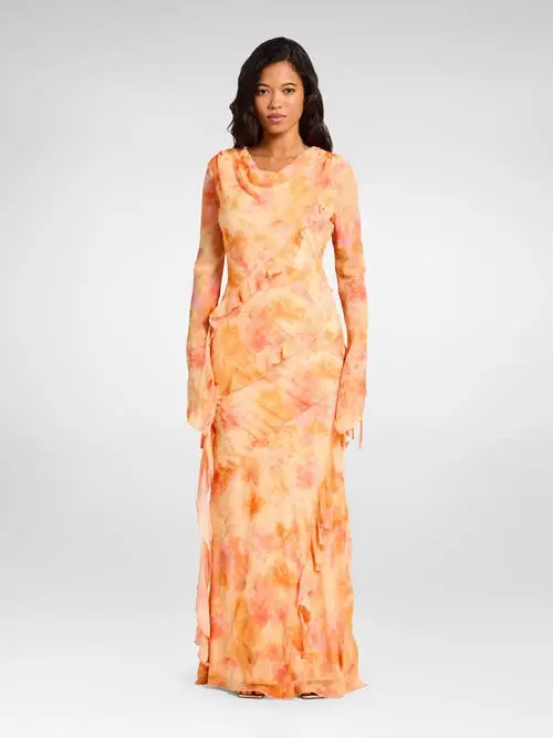 DASKA Circe Maxi Dress With Ruffle And Tie Details - Orange