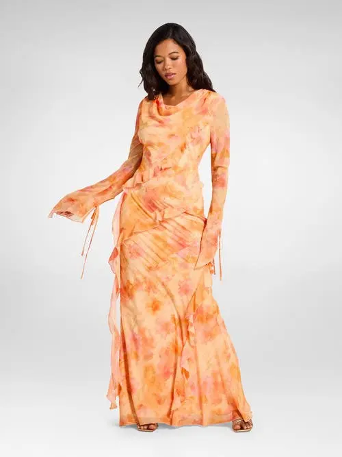 DASKA Circe Maxi Dress With Ruffle And Tie Details - Orange