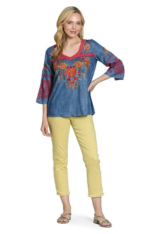 APNY Floral Embroidered Denim Top