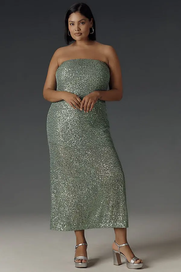 slim fit dress slacks Maeve - Anthropologie Strapless Oliver Green Pleated MIDI Dress main image 0