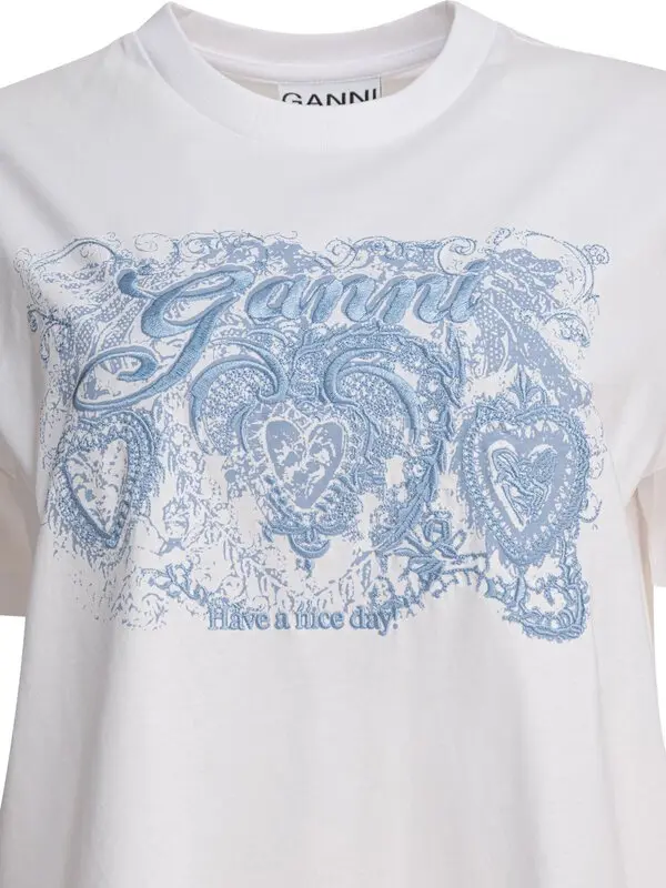 Ganni Basic Jersey Tattoo Lace T-Shirt In White - 20% Off