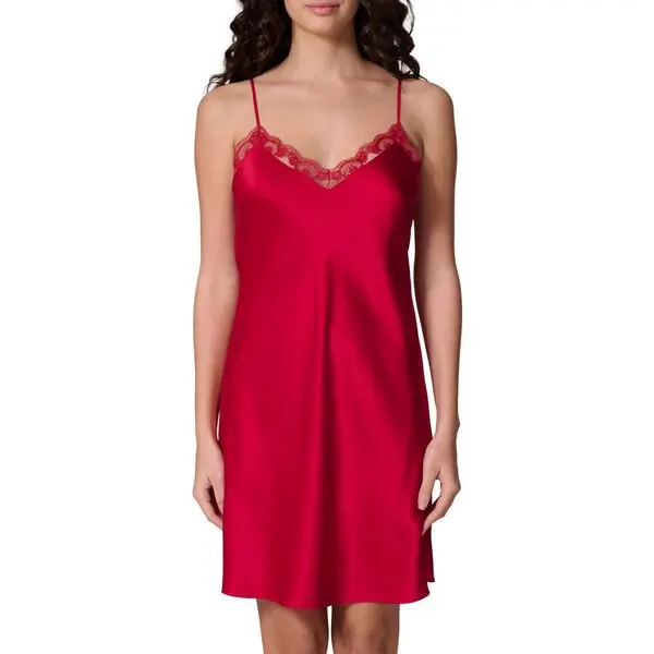 Simone Perele Love Me Night Lace Trim Silk Blend Chemise - Opera Red