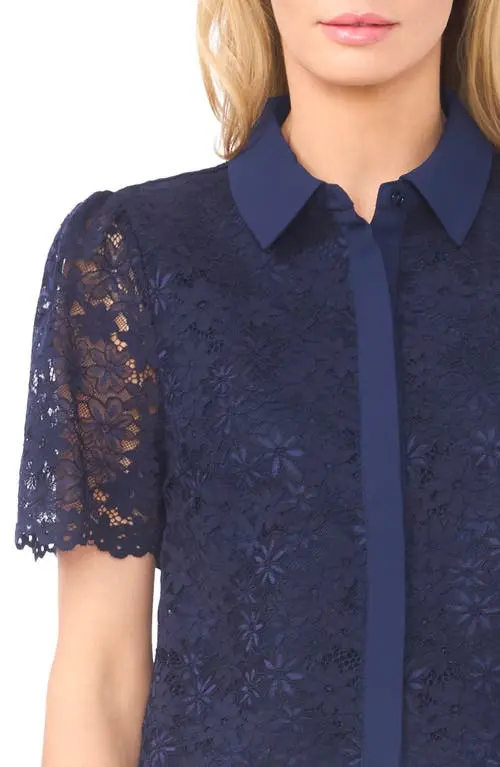 CECE DUPRAZ Floral Lace Button-up Shirt - Classic Navy