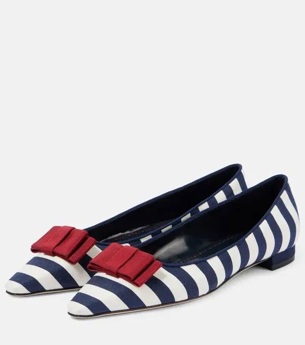 Manolo Blahnik Bow Detail Striped Ballet Flats - Blue