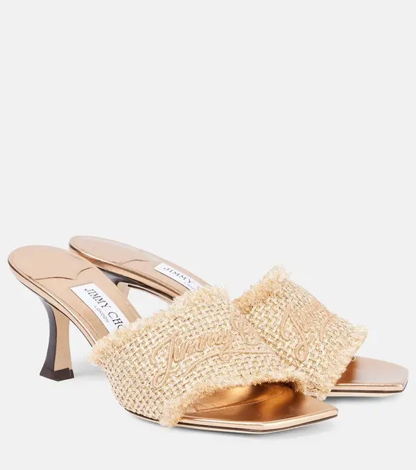 JIMMY CHOO Alexia 70 Logo Woven Lamé Mules - Beige