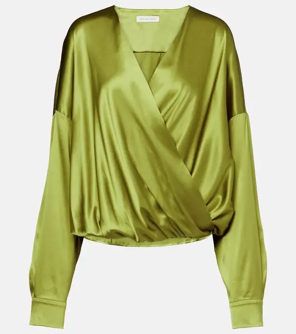 Dries Van Noten Draped Silk-blend Satin Blouse - Green