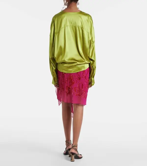 Dries Van Noten Draped Silk-blend Satin Blouse - Green