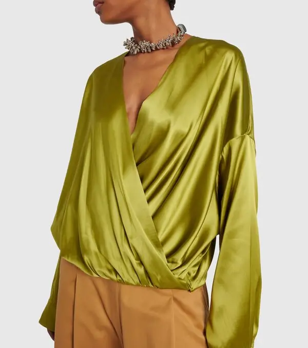 Dries Van Noten Draped Silk-blend Satin Blouse - Green