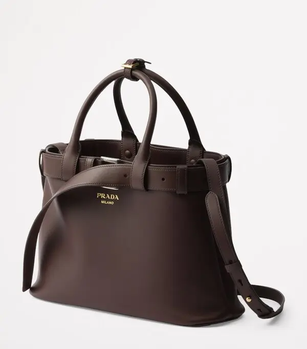 Prada Small Leather Buckle Tote Bag - Brown
