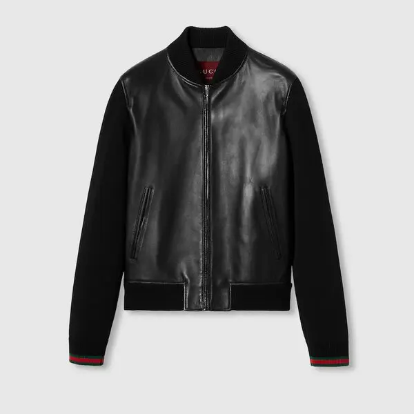 Gucci Nappa Leather And Knit Bomber Jacket - Black