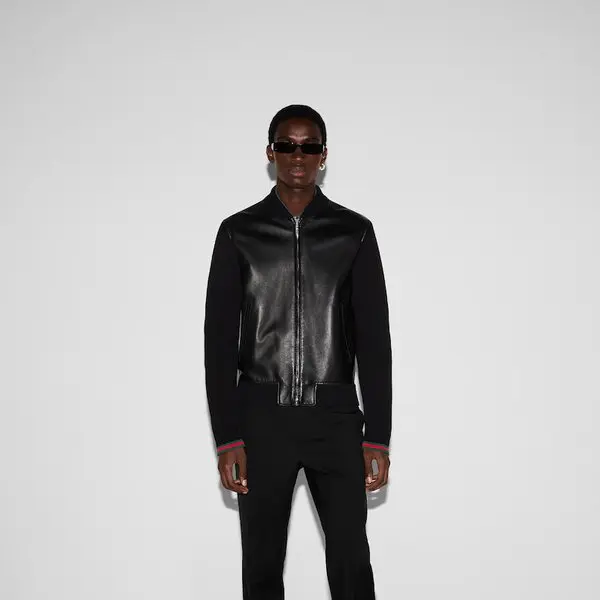 Gucci Nappa Leather And Knit Bomber Jacket - Black