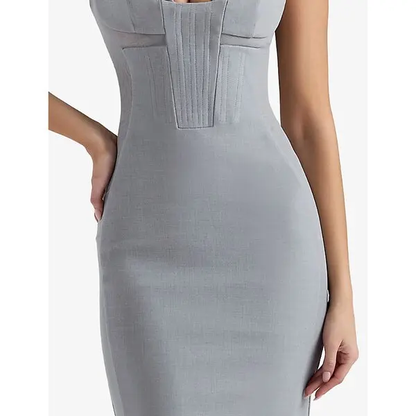 House OF CB Kiki Panelled Bodycon Mesh Midi Dress - Light Grey