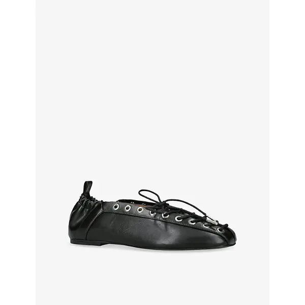 GANNI Eyelets Lace-up Vegan Leather Ballerina Flats - Black