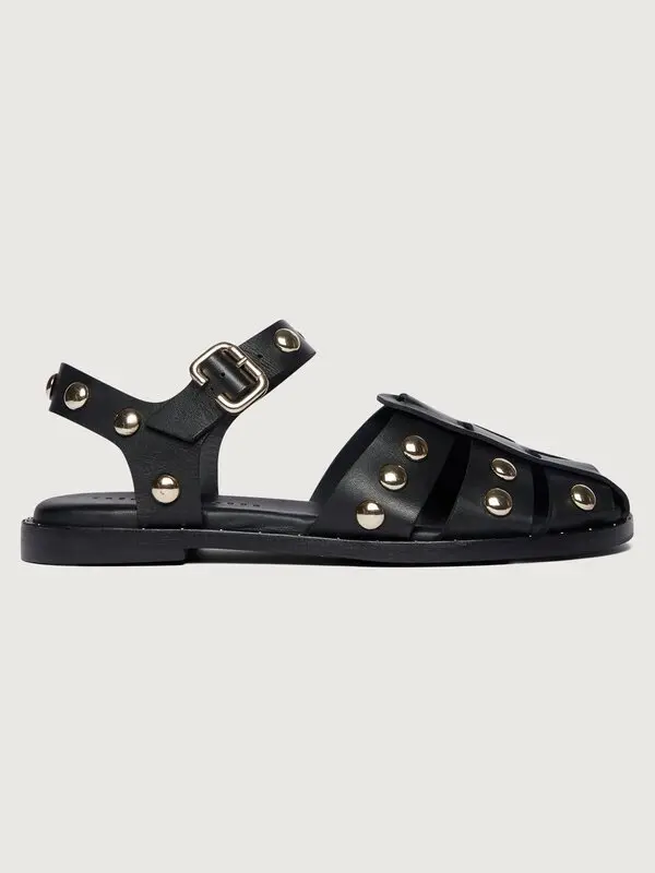 Freda Salvador Sera Fisherman Sandal - Black Calf With Gold Studs