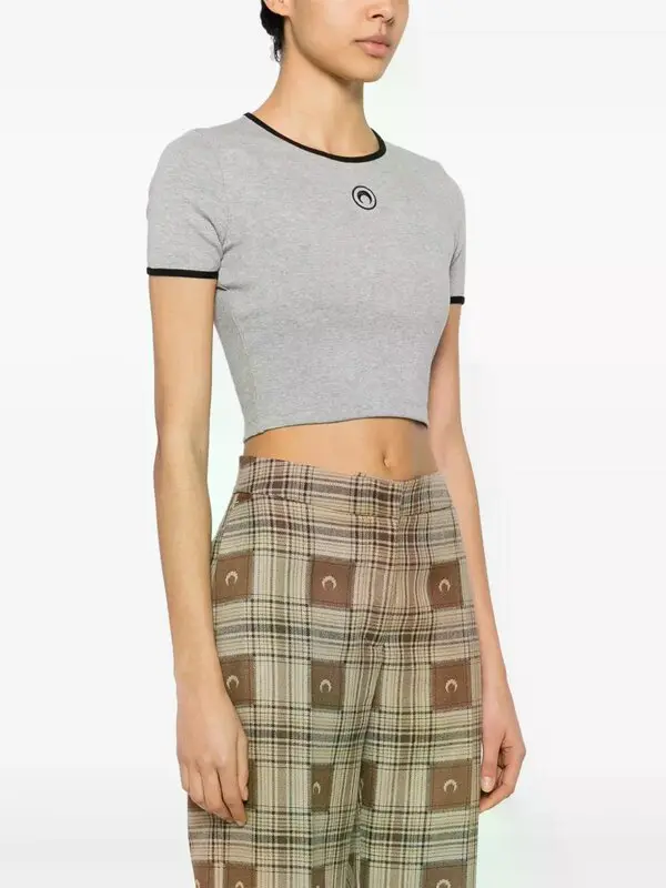 MARINE SERRE Moon Logo Ribbed Jersey Cropped Top - Grey