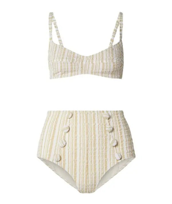 Lisa Marie Fernandez Button-embellished Striped Seersucker Bikini - Neutrals