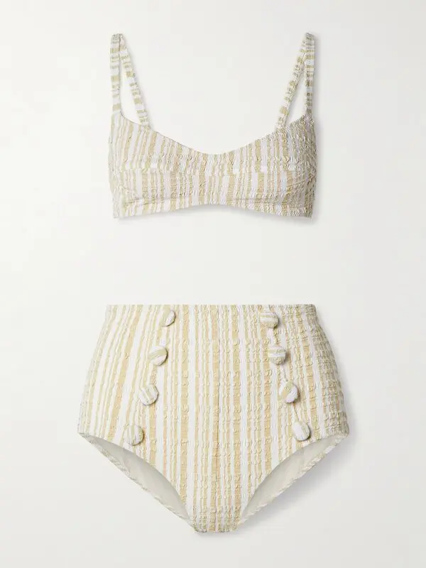 Lisa Marie Fernandez Button-embellished Striped Seersucker Bikini - Neutrals