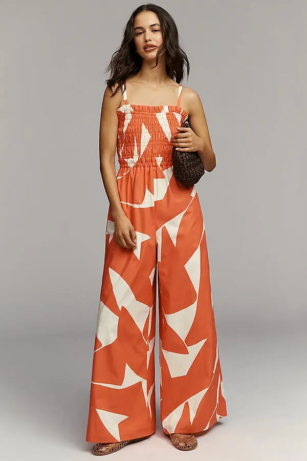 HUTCH Sleeveless Smocked Floral Wide-leg Jumpsuit - Coral Black Geo